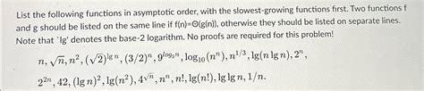 solved list the following functions in asymptotic order