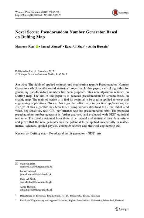 pdf novel secure pseudorandom number generator based on duffing map