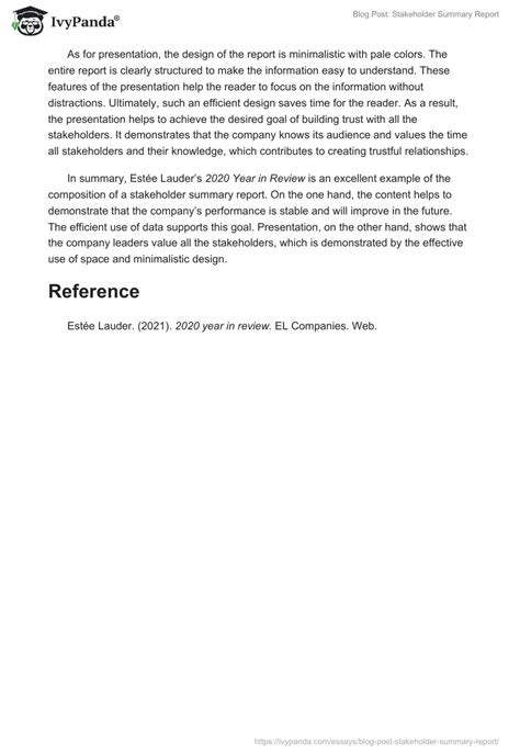Blog Post Stakeholder Summary Report 532 Words Essay Example