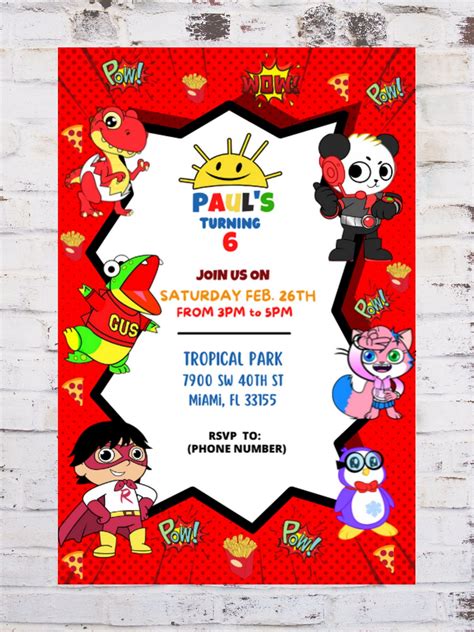 Personalized Ryans World Birthday Invitation Etsy