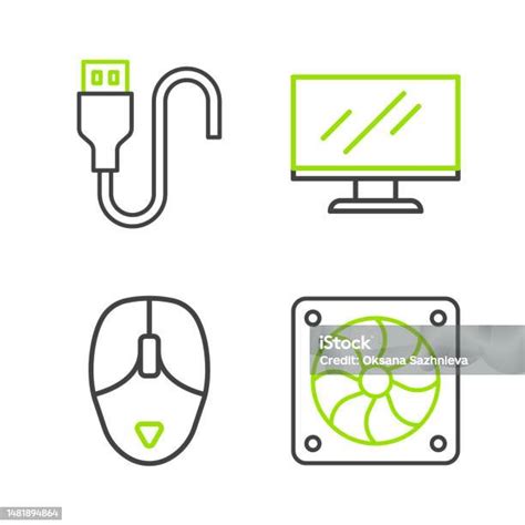 설정 라인 컴퓨터 쿨러 마우스 모니터 화면 및 Usb 케이블 코드 아이콘 벡터 0명에 대한 스톡 벡터 아트 및 기타 이미지 0명 Usb 케이블 광학 기기 Istock