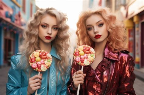 Premium Ai Image Two Women With Chupa Chups In Hands Dressed In