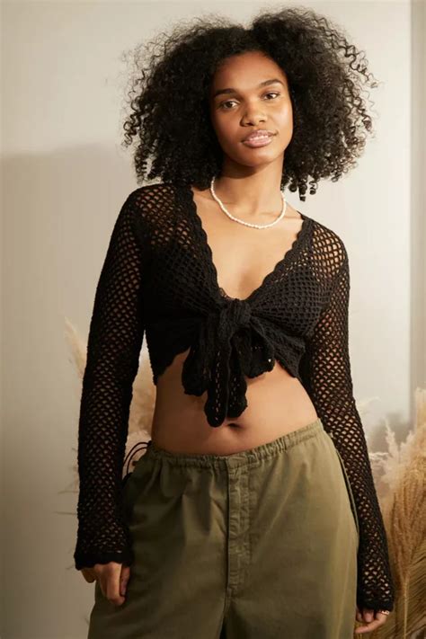 Uo Tie Front Crochet Sweater Urban Outfitters