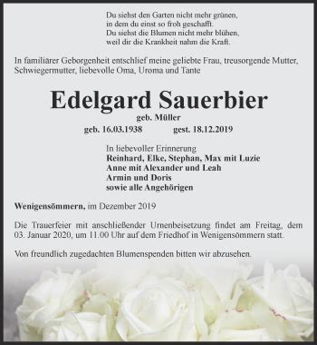 Traueranzeigen Von Edelgard Sauerbier Trauer In Thueringen De