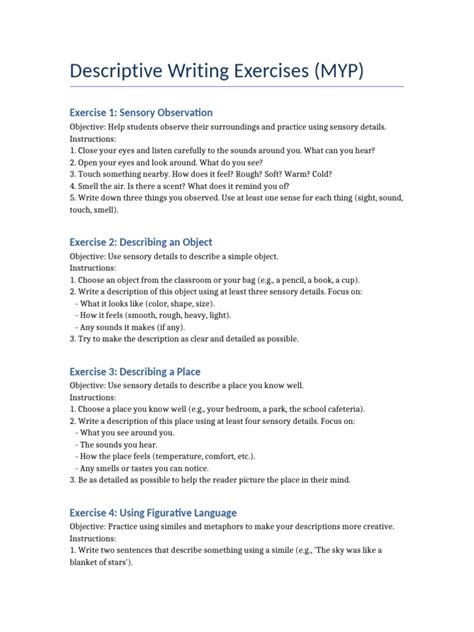 Descriptive Writing Exercises Myp Pdf Perception Senses