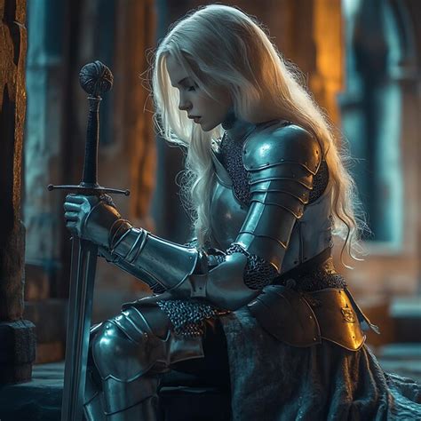 A Female Knight in Full Armor Sits with Her Sword Pondering Her Next ...