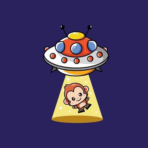 원숭이를 들고 귀여운 Ufo 디자인 캐릭터 프리미엄 벡터