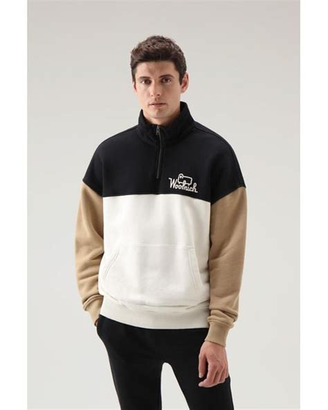 Woolrich Fleece Color Block Half Zip Sweatshirt With Printed Logo In