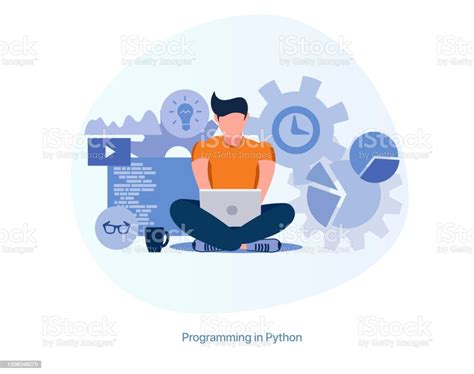프로그래머는 노트북 프리랜서에서 작동합니다 직원이 버그를 프로그램하고 수정합니다 데이터 사이언스에 대한 스톡 벡터 아트 및 기타