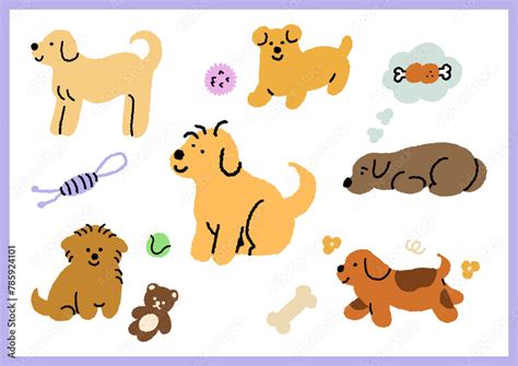Vecteur Stock 궁금한 귀여운 사랑스러운 원하는 화가난 배고픈 뛰는 신난 자신감있는 다양한 표정 골든 리트리버 강아지 개 장난감을 좋아하는 다양한 개의 모습