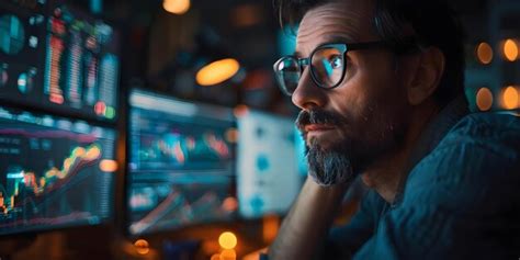 Premium Photo Focused Man Analyzing Stock Market Data On Computer Screens In Dimly Lit Room