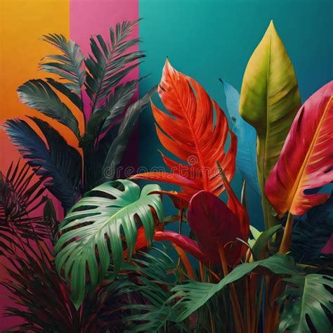 Exotic Plants In Bold Rainbow Colors Tropical Layout Mockup