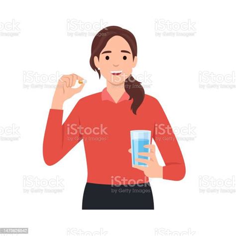 약을 복용하는 젊은 백인 여성 손에 알약과 물 한 잔을 들고 있는 건강한 여자 약을 복용하는 행복한 웃는 여자 건강한 라이프 스타일 개념입니다 개념에 대한 스톡 벡터 아트