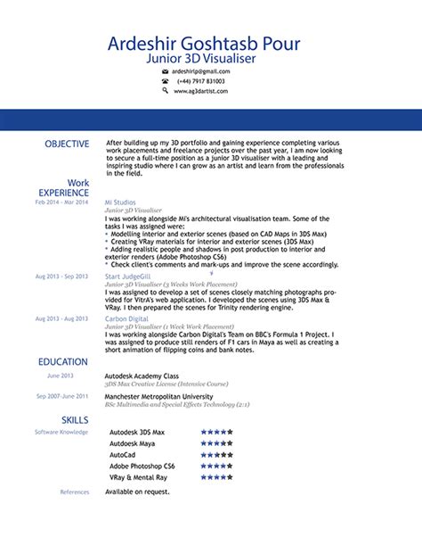 Resume Sample For 3d Visualizer
