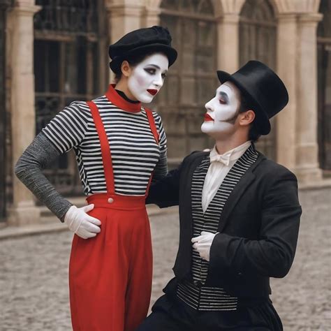 Premium Photo Male Mime Showing Something To Happy Female Mime