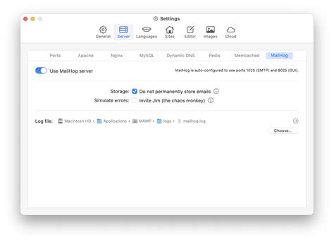 MAMP PRO MacOS Documentation Settings Server MailHog