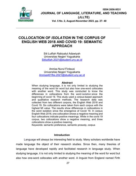 Pdf Collocation Of Isolation In The Corpus Of English Web 2018 And