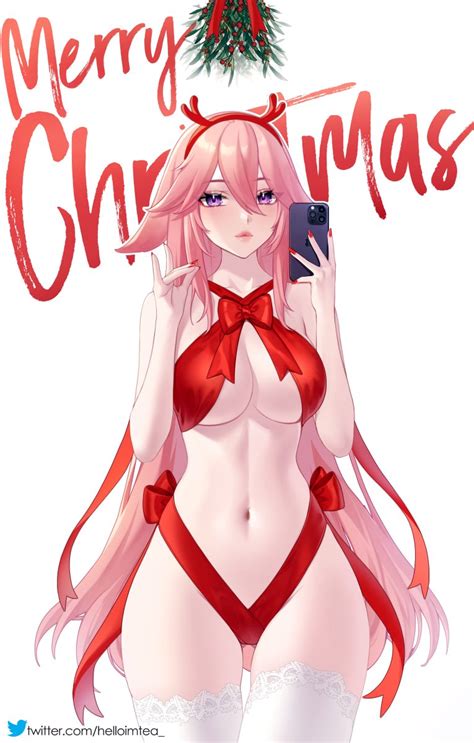Helloimtea Yae Miko Genshin Impact Highres Girl Antlers Blush Bow Breasts Christmas