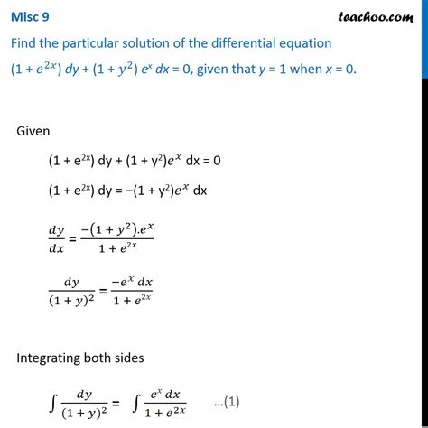 Misc 9 Find Particular Solution 1 E2xdy 1 Y2 Ex