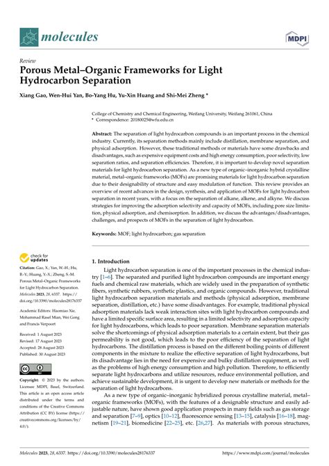 Pdf Porous Metalorganic Frameworks For Light Hydrocarbon Separation