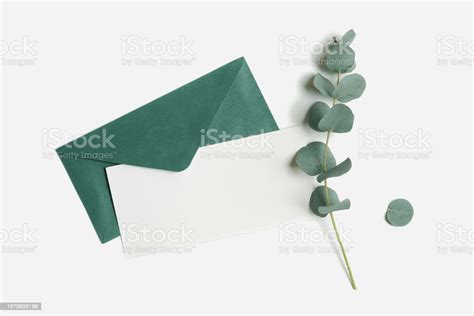청록색 봉투와 빈 종이 카드는 흰색 배경에 녹색 식물 유칼립투스로 조롱합니다 테이블에 흰색 빈 편지입니다 최소한의 디자인 문구 플랫 레이 템플릿 평면도 복사 공간 사진