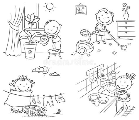 Crianças Que Ajudam Seus Pais Os Trabalhos Domésticos Ilustração do