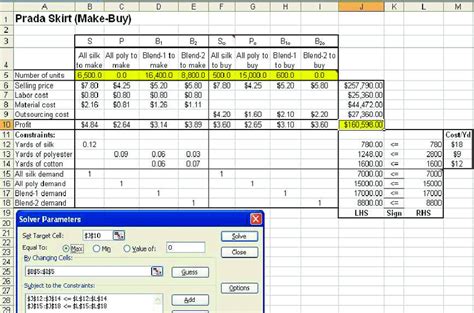 4 excel layout and solver entries for a make or buy decision model
