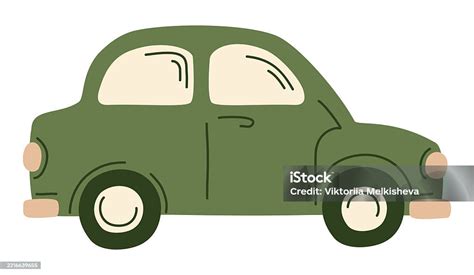 빈티지 녹색 소형차 손으로 그린 복고풍 차량 그림 여행 시골 향수를 불러일으키는 디자인을 위한 플랫 스타일의 귀여운 구식 자동차 귀여운 유기적 평면 벡터 그림 계절에 대한