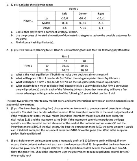 solved 1 2 pts consider the following game player 2 left