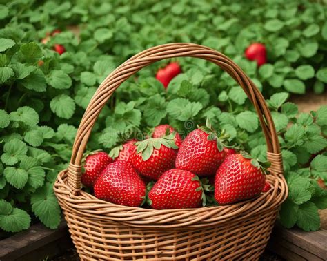 Fresh Ripe Strawberries In Wicker Basket Stock Illustration
