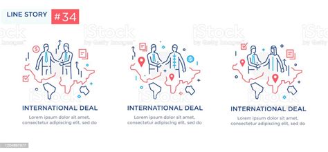 비즈니스 컨셉의 일러스트 레이션 컨셉 세트입니다 워크플로 성장 그래픽 사업 개발 국제 협력 선형 그림 아이콘 인포그래픽 방문 페이지 사이트 인쇄 포스터입니다 라인 스토리