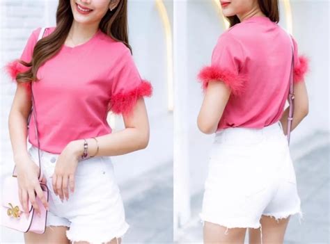 เสื้อยืดคอกลม น่ารักมากๆ แต่งขนนกปลายแขน ผ้าคอตตอน100 {รอบอก 36 44 ยาว 23 5} ∆∆สีชมพู∆∆