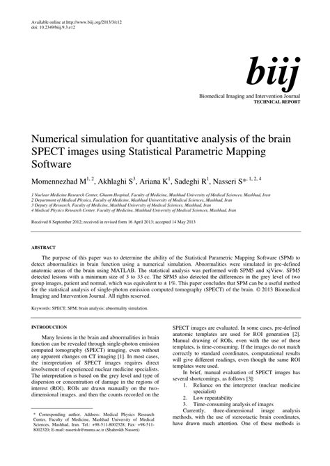 Pdf Numerical Simulation For Quantitative Analysis Of The Brain Spect Images Using Statistical