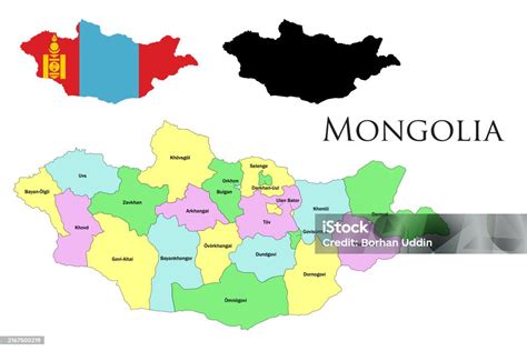 몽골 행정 구역 몽골 국기와지도 그림 벡터 몽골의 행정 구역 0명에 대한 스톡 벡터 아트 및 기타 이미지 0명