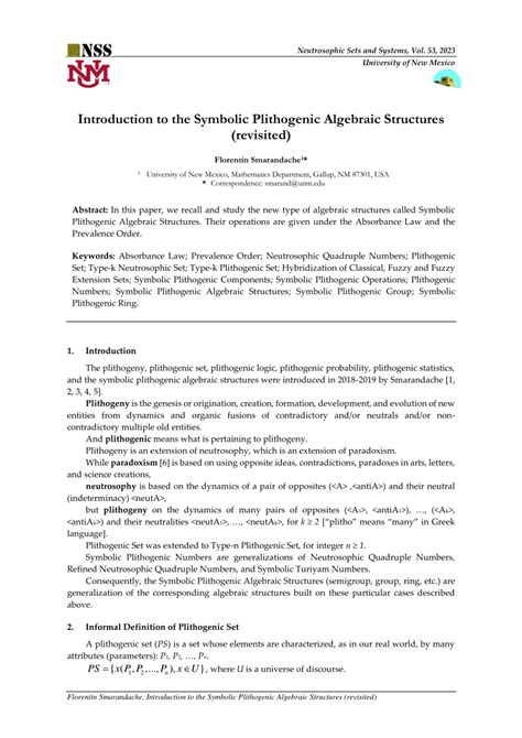 Pdf Introduction To The Symbolic Plithogenic Algebraic Structures Revisited