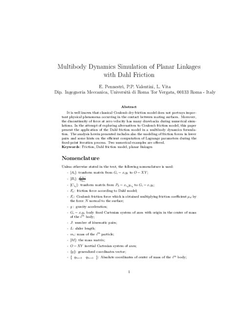 Pdf Multibody Dynamics Simulation Of Planar Linkages With Dahl Friction