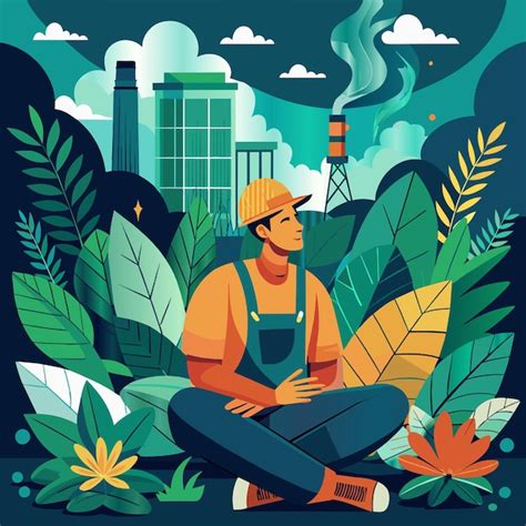 Premium Vector A Man Sitting In The Grass With A Factory In The