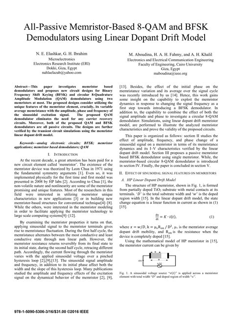 Pdf All Passive Memristor Based 8 Qam And Bfsk Demodulators Using Linear Dopant Drift Model