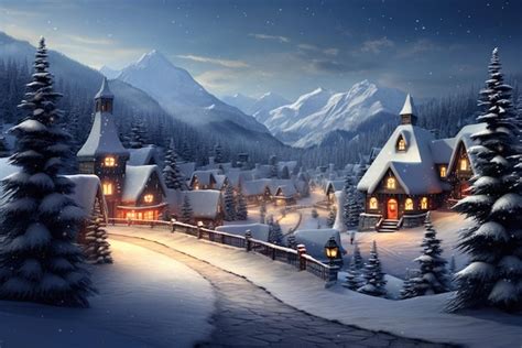 Premium Photo A Serene Winter Night Scene In A Snowy Village
