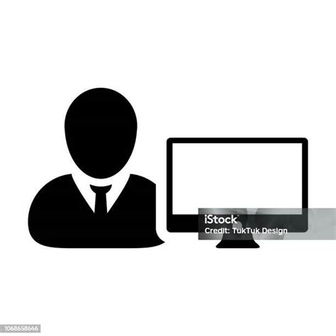 컴퓨터 모니터 화면 아바타 문양 그림 기호에서 평면 색상에서 아이콘 벡터 남성 사람 사용자 연결 감독에 대한 스톡 벡터 아트 및