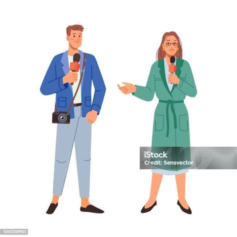 기자 마이크와 뉴스 승무원 캐릭터 전문 노동자 고립 플랫 만화 남자와 여자 벡터 기자 회견 대중 매체 기자 인터뷰 기자 마이크에