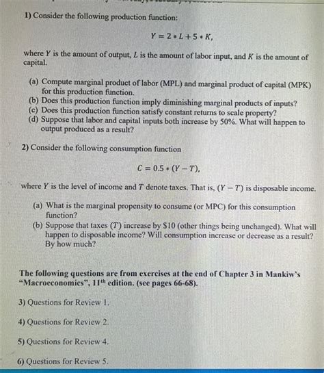 Solved 1 Consider The Following Production Function