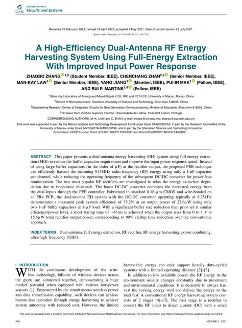 Pdf A High Efficiency Dual Antenna Rf Energy Harvesting System Using Full Energy Extraction