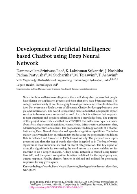pdf development of artificial intelligence based chatbot using deep