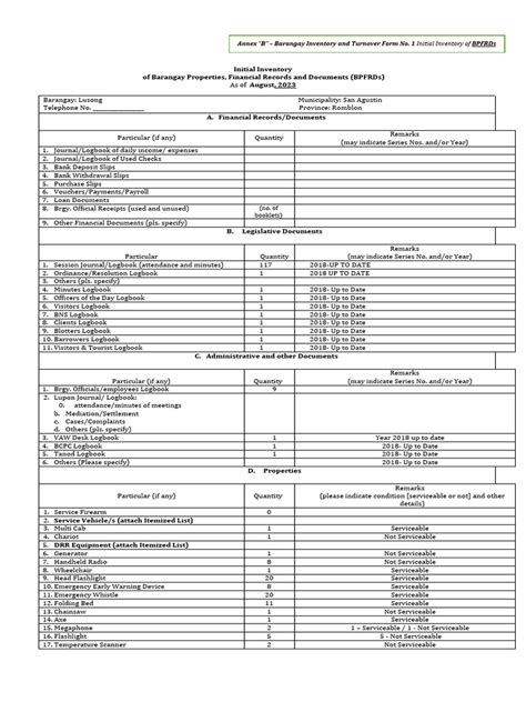 Barangay Inventory And Turnover Of Bpfrd And Money Pdf Banks