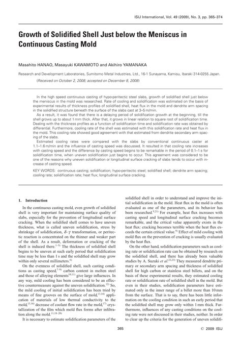 Pdf Growth Of Solidified Shell Just Below The Meniscus In Continuous Casting Mold