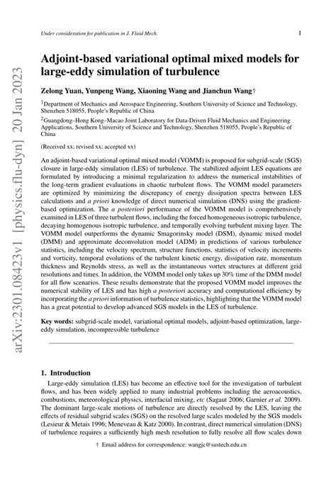 pdf adjoint based variational optimal mixed models for large eddy