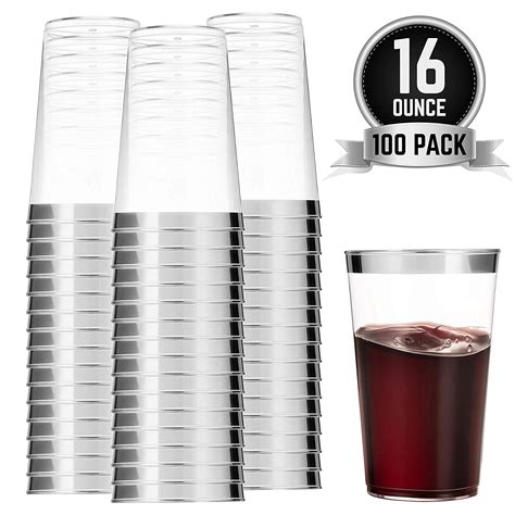 100 Silver Plastic Cups 16 Oz Clear Plastic Cups Tumblers Silver Rimmed