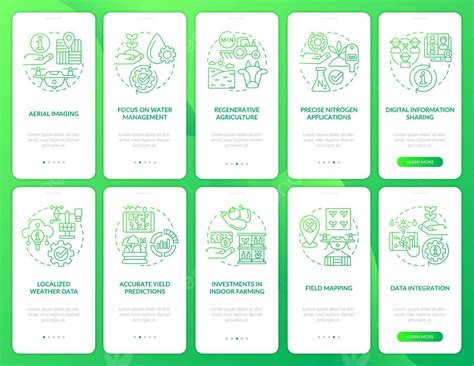 The Set Of Mobile App Screens For Farming Trends With Green Gradient Onboarding Vector Line