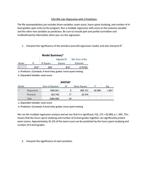 Regression Lab Multiple Regression Edu 801 Lab Regression With 2